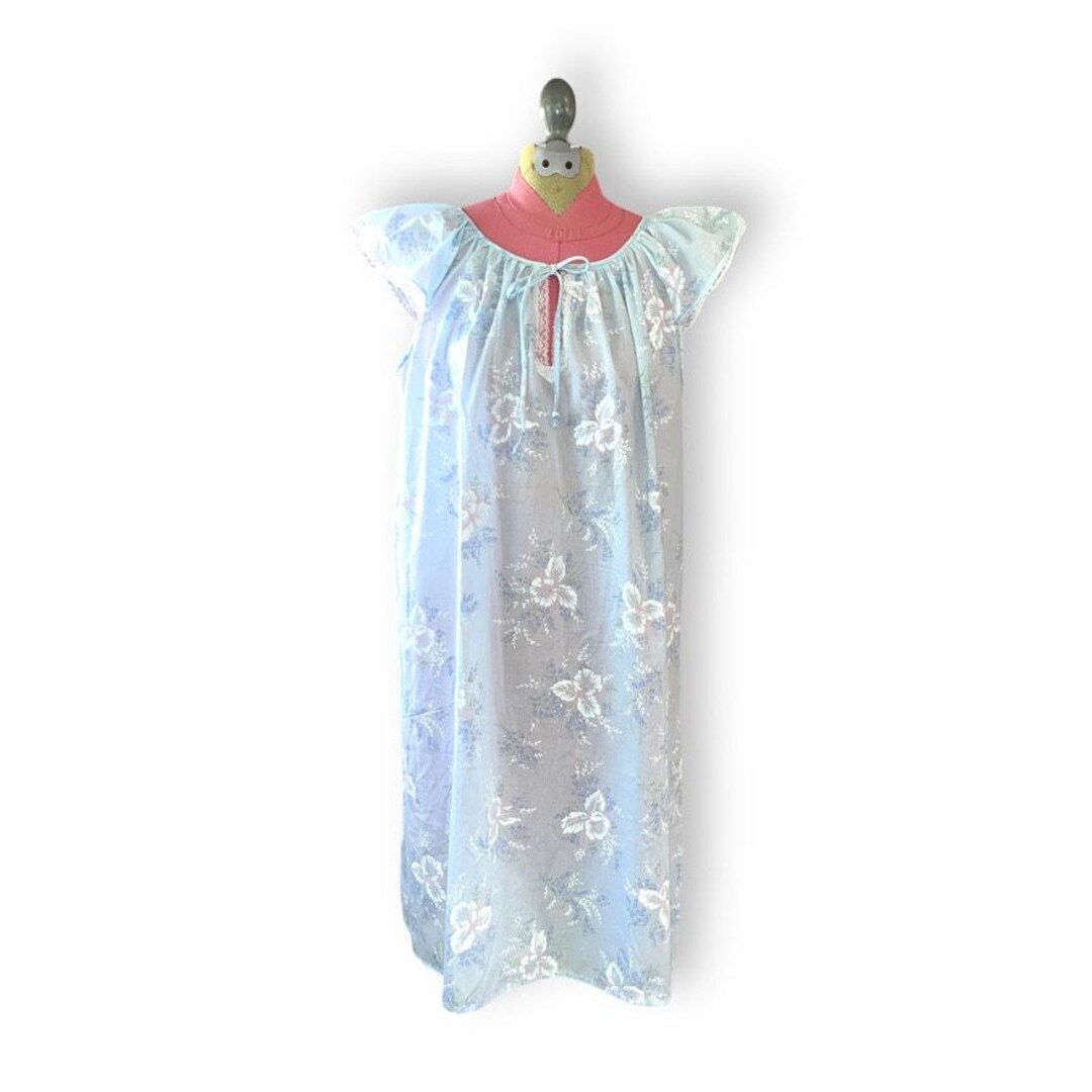 Lorraine Short Nightgown, Vintage Blue Floral, NOS, Sz Small, Poly ...