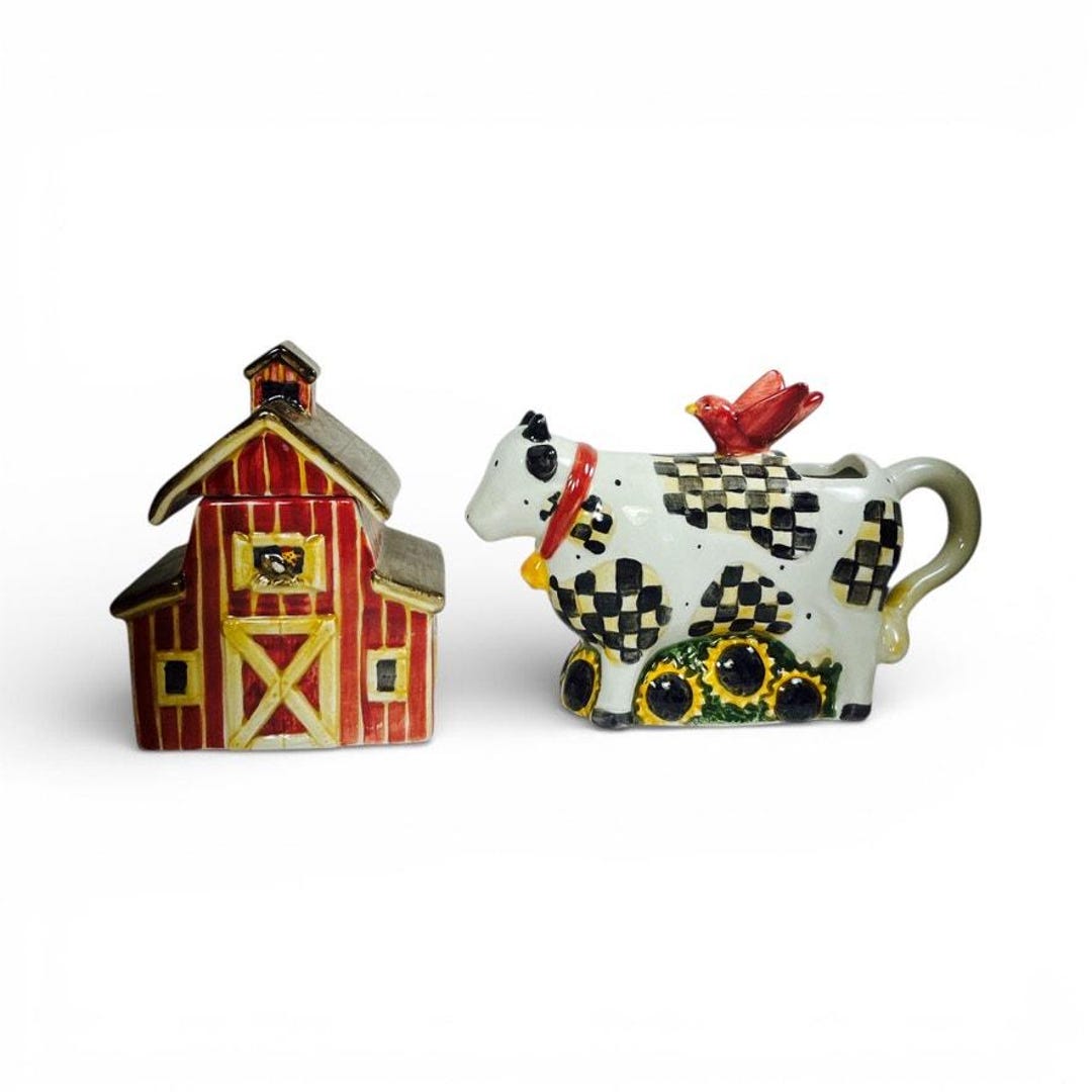 Cow and Barn Ceramic Creamer and Sugar Sakura by Debbie Mumm Hand ...