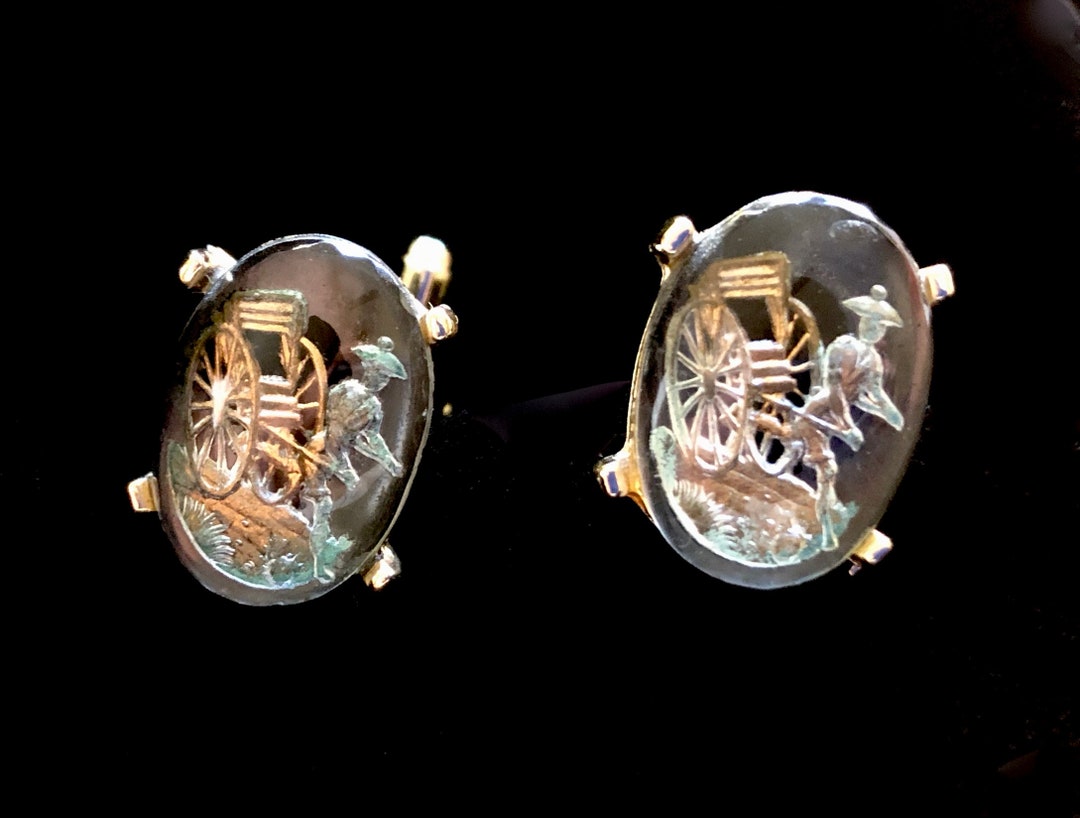 Reverse Intaglio Glass Cufflinks, Multicolor, Chinese Rickshaw Motif ...