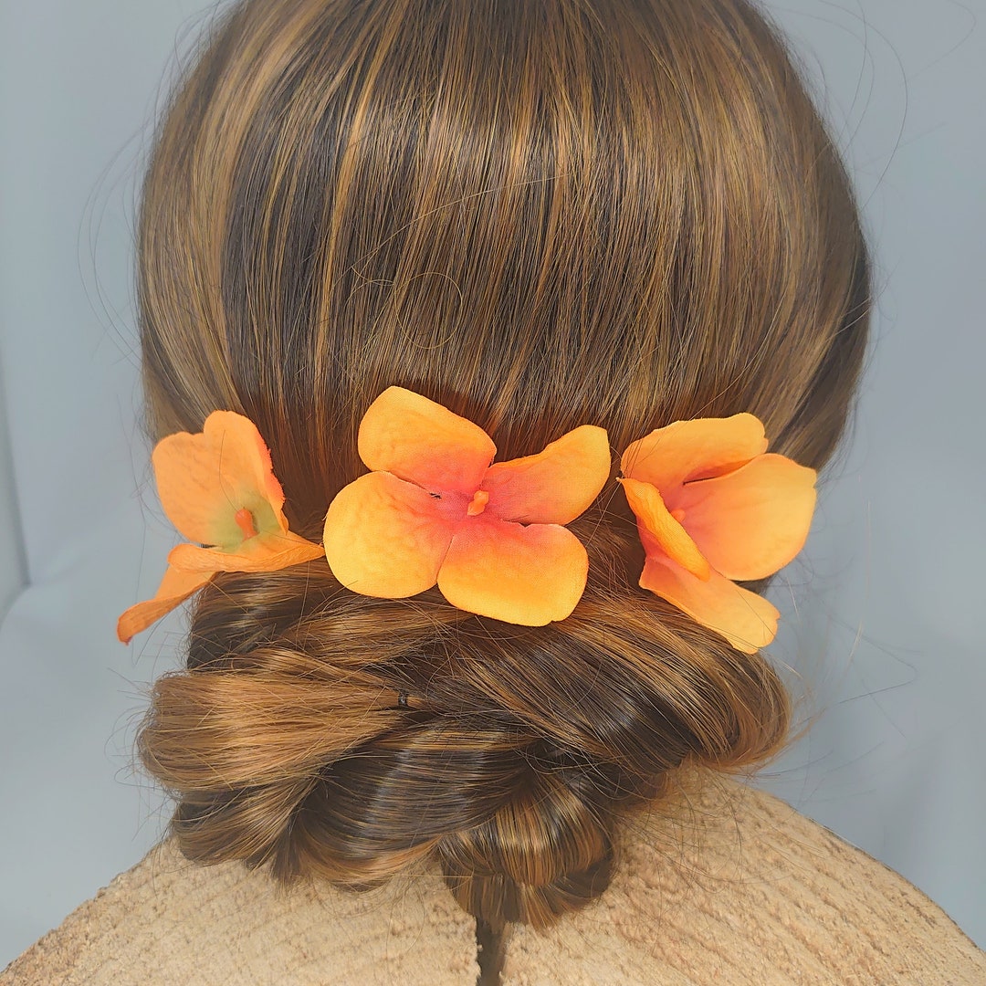 Orange Hydrangea Hair Pips, Artificial Wedding Flowers, Bold Hair Pips ...