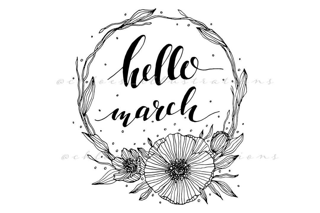 Hello March Line Art Vector Clip Art PNG JPG EPS Floral Calligraphy ...