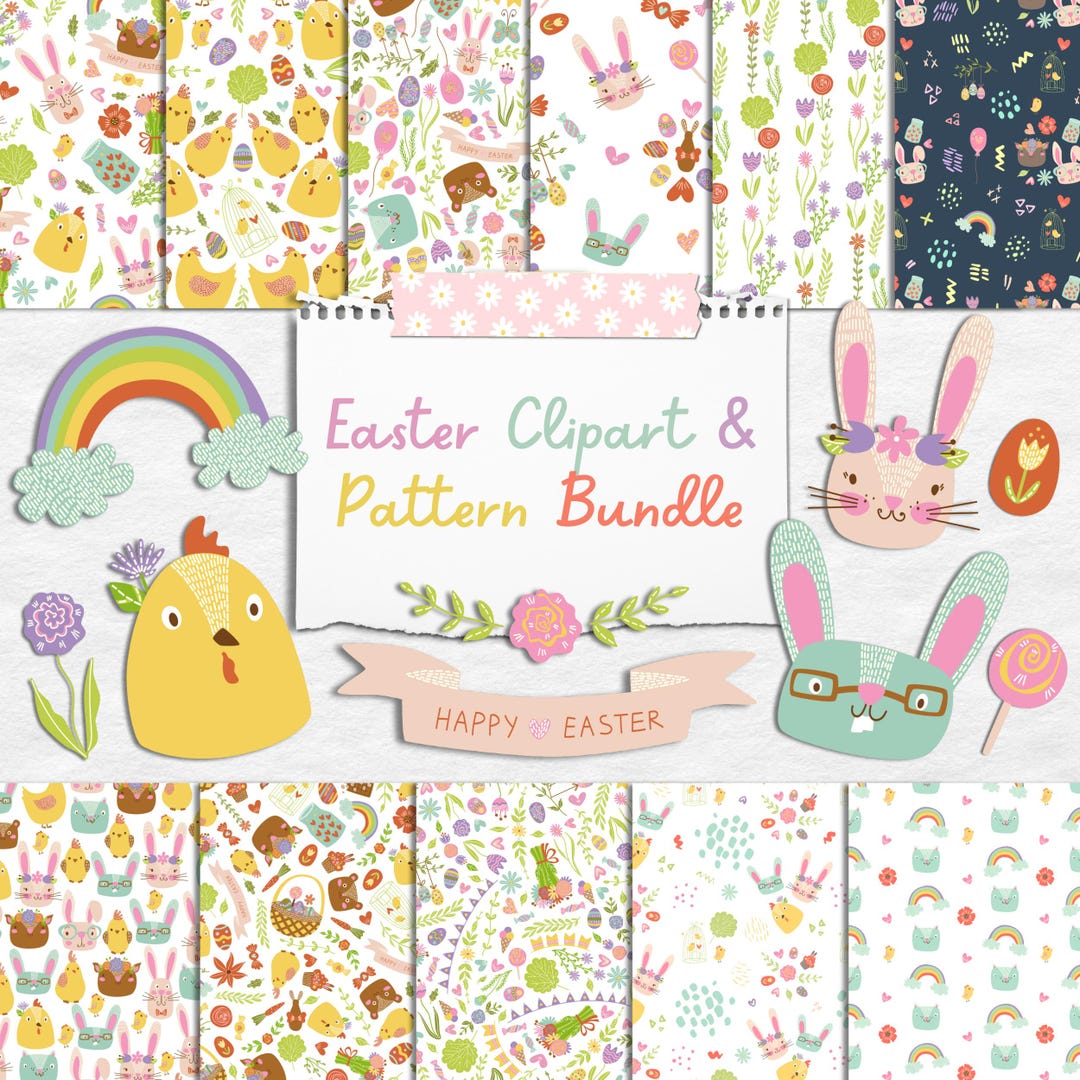 Happy Easter Clipart, Cute Easter Clip Art Set, Easter Bunny Clip Art ...