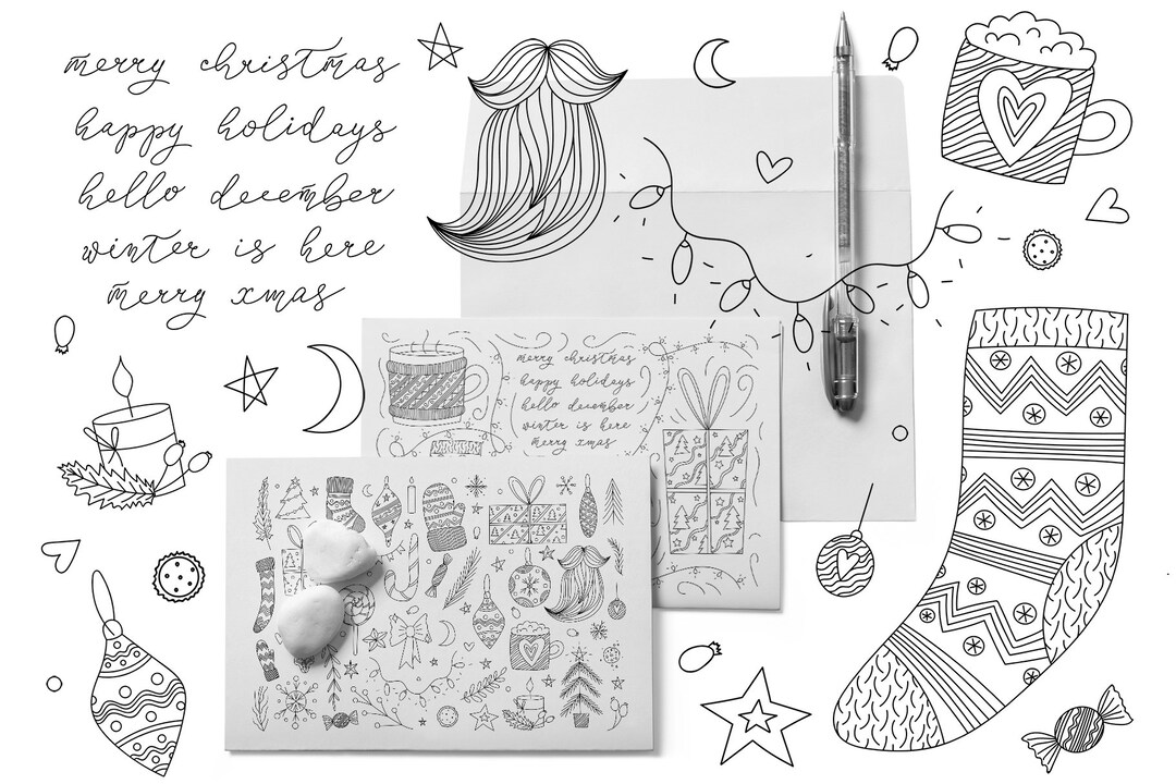 Digital Printable Christmas Doodles With Winter Elements, JPG PNG EPS ...