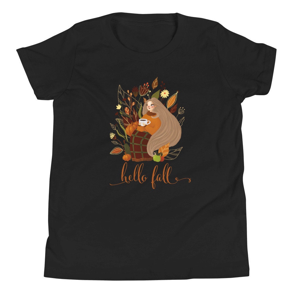 Hello fall youth shirt for kids. Autumn tee girl pumpkin | Etsy