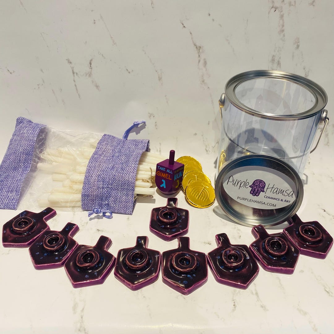 Chanukah Bucket With Purple and Blue Crystal Glaze Ceramic Dreidel ...