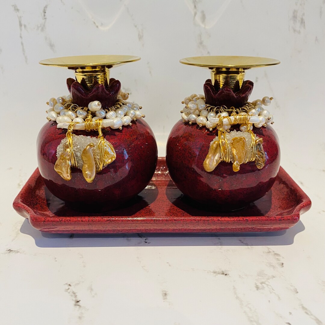 Maroon Glitter Glazed Ceramic Handcrafted Pomegranate Candlestick Set ...
