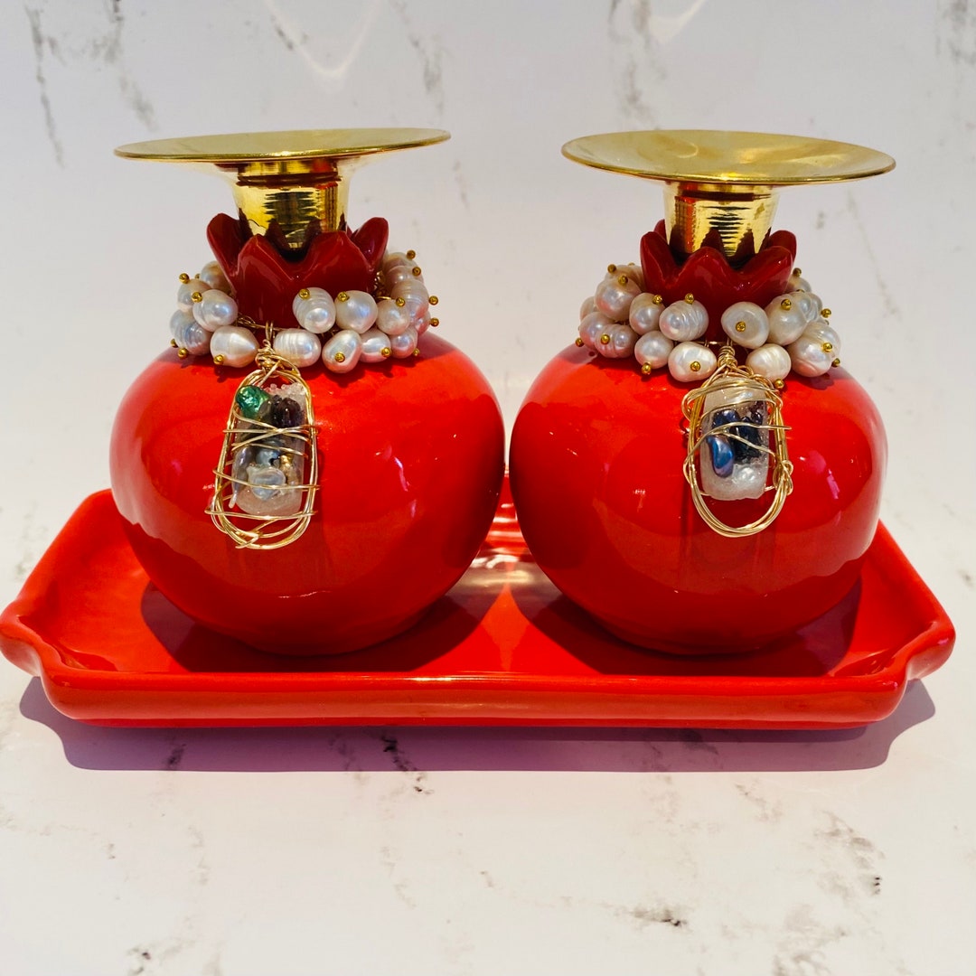 Bright Red Glazed Ceramic Pomegranate Candlestick Set With Matching ...
