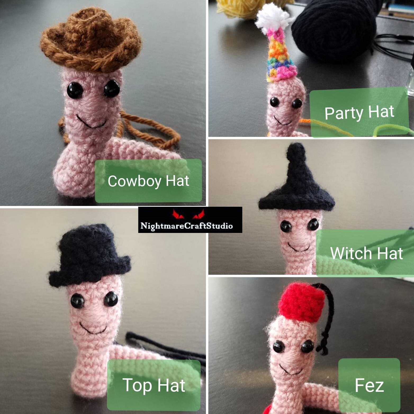 Crochet/amigurumi Worms Wearing Hats and Mini Mushrooms - Etsy
