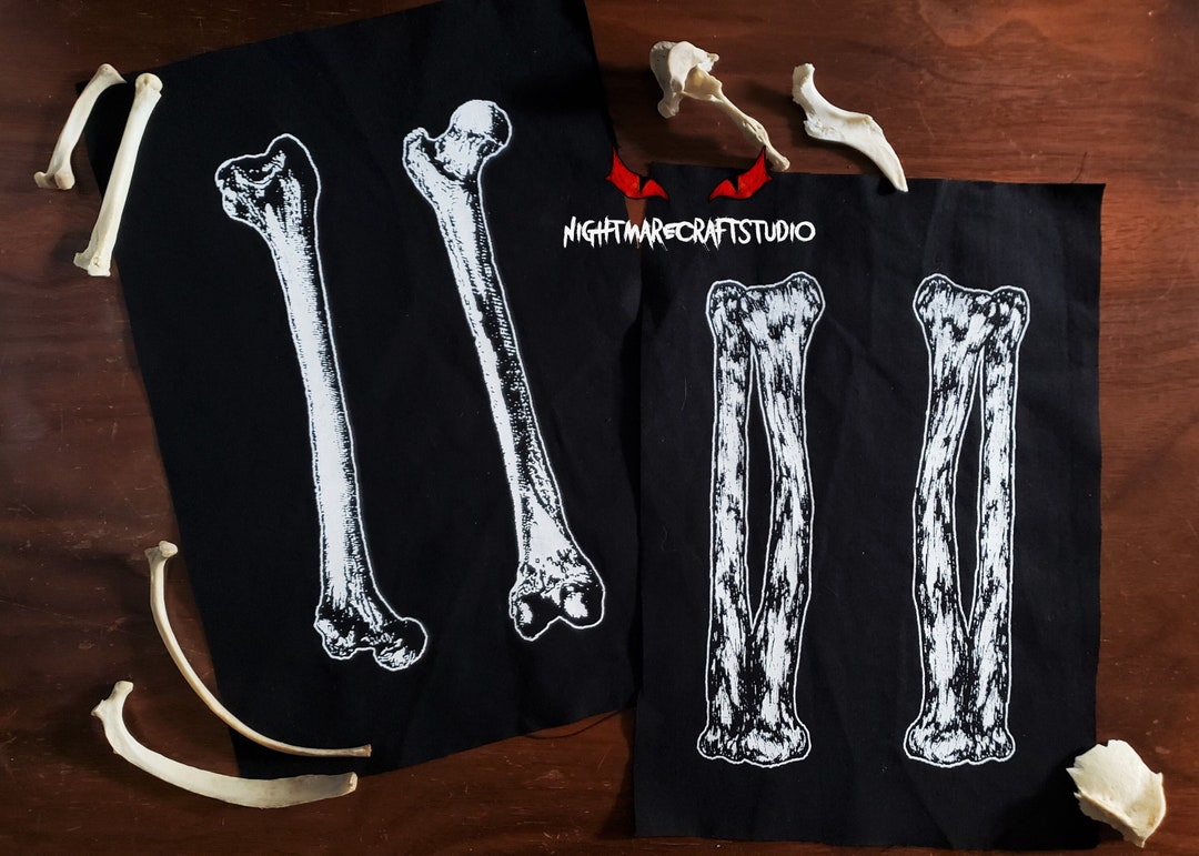 Bones Set of 2 Screenprinted Cloth Patches - Arm or Leg Skeleton Bones ...