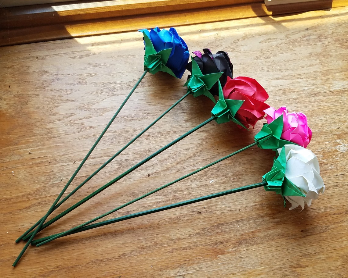 Origami Roses With Wood Stems and Paper Calyx 28 Colors | Etsy