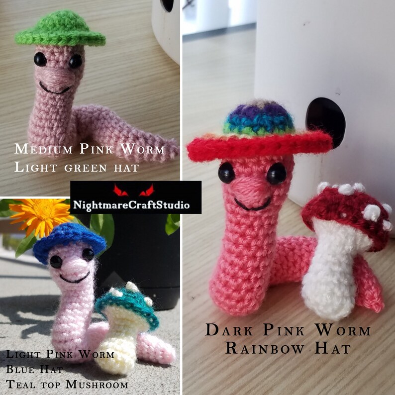 Crochet/amigurumi Worms Wearing Hats and Mini Mushrooms - Etsy UK