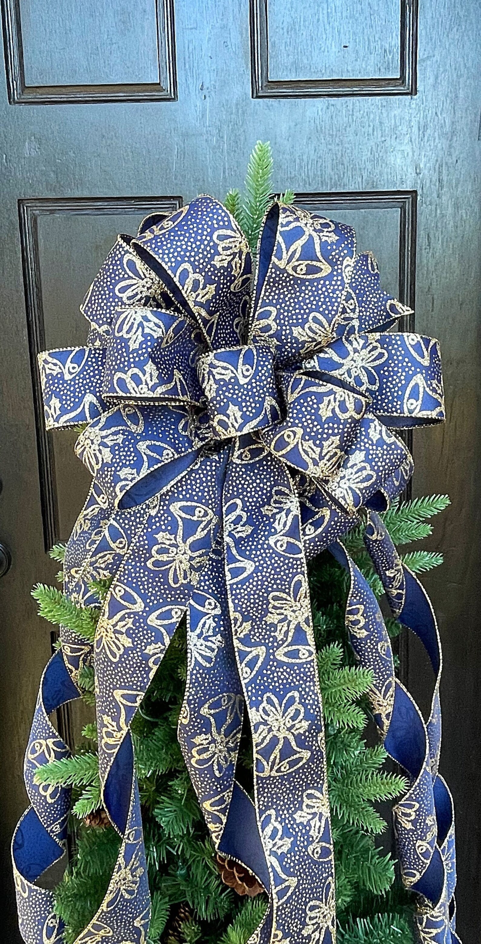 Navy Blue Christmas Tree Bow: Gold Tree Accent, Wired Silk Ribbon - Etsy