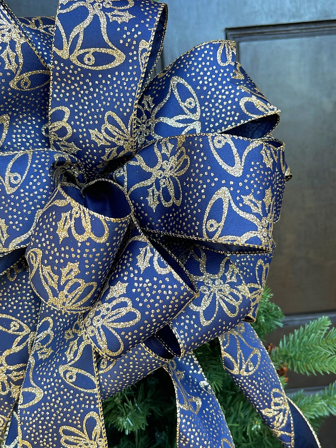 Blue and Gold Christmas Tree Bow Large Christmas Bow Blue - Etsy