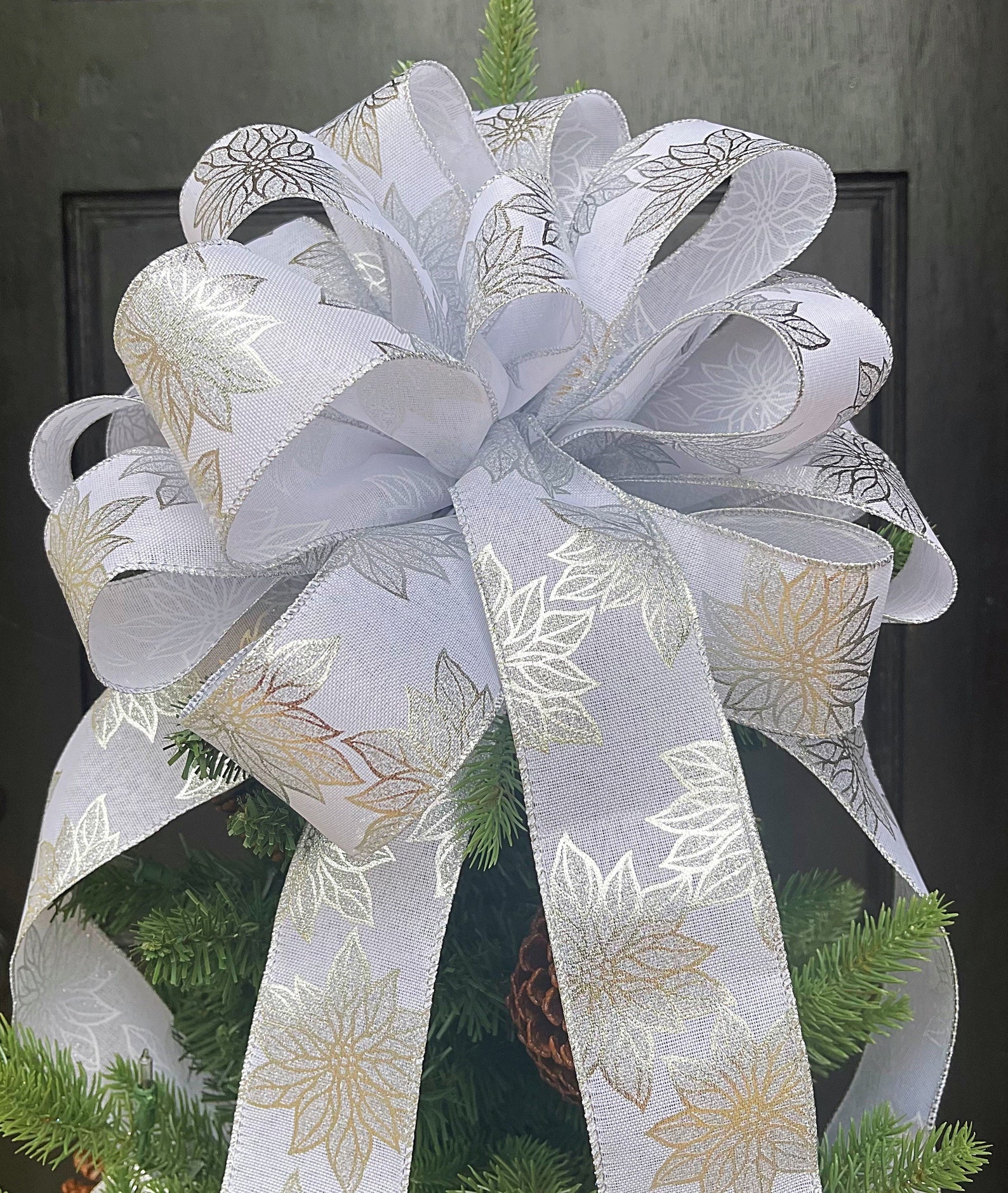 Silver and White Tree Bow White Christmas Bow White Silver - Etsy