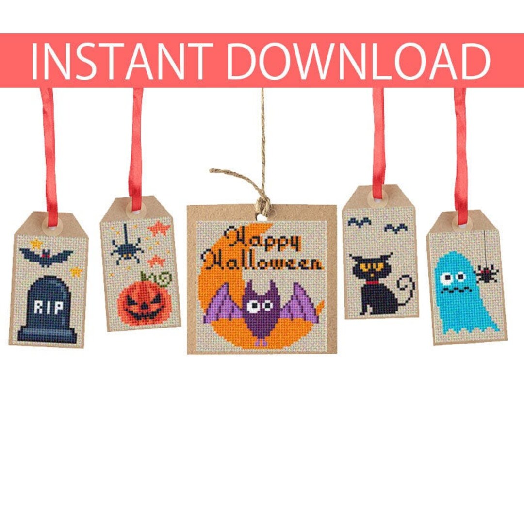 Halloween Gift Tags Cross Stitch Pattern #21 | Grave, Pumpkin, Bat, Cat ...