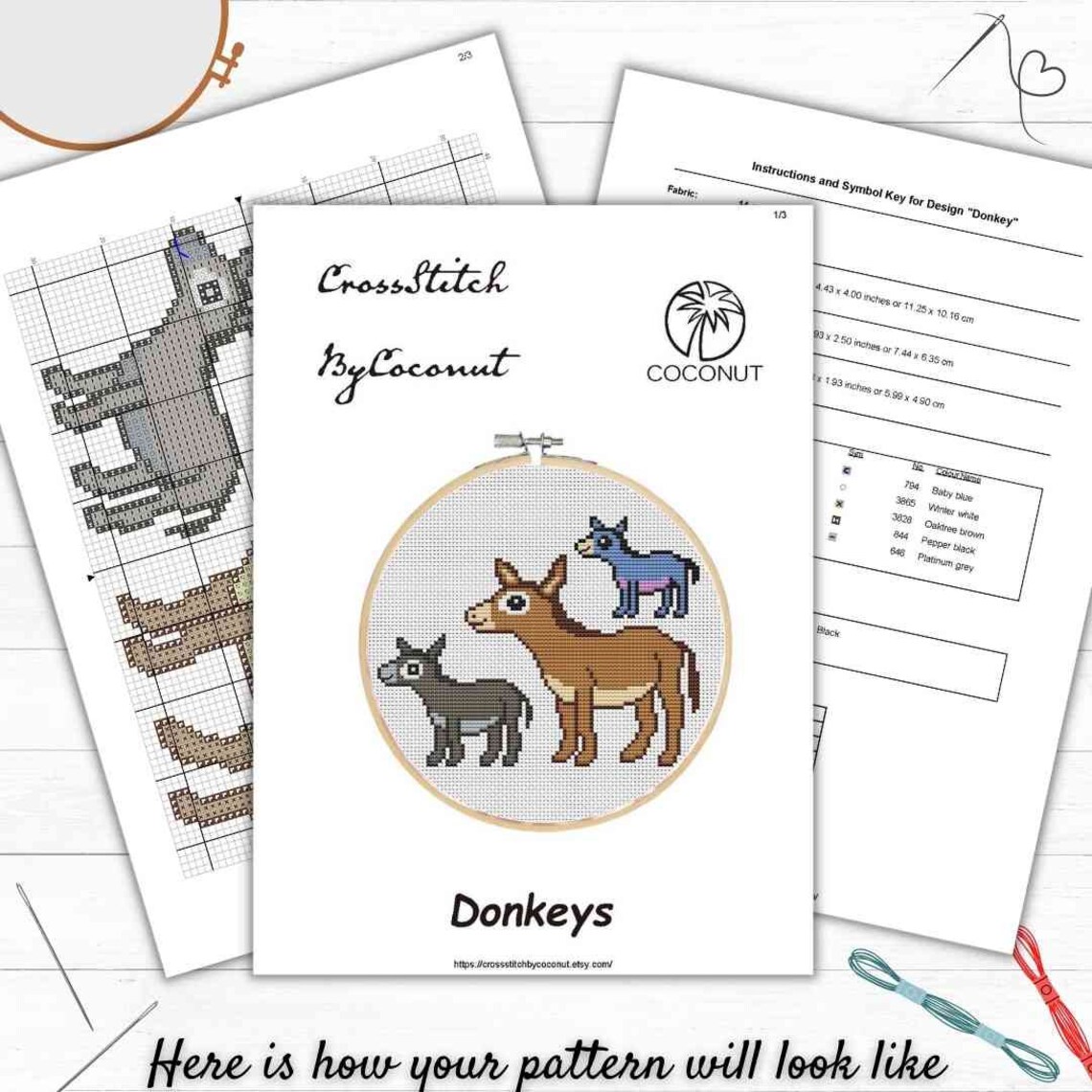Donkey Cross Stitch Pattern Set of 3 Sizes Animal Cross - Etsy