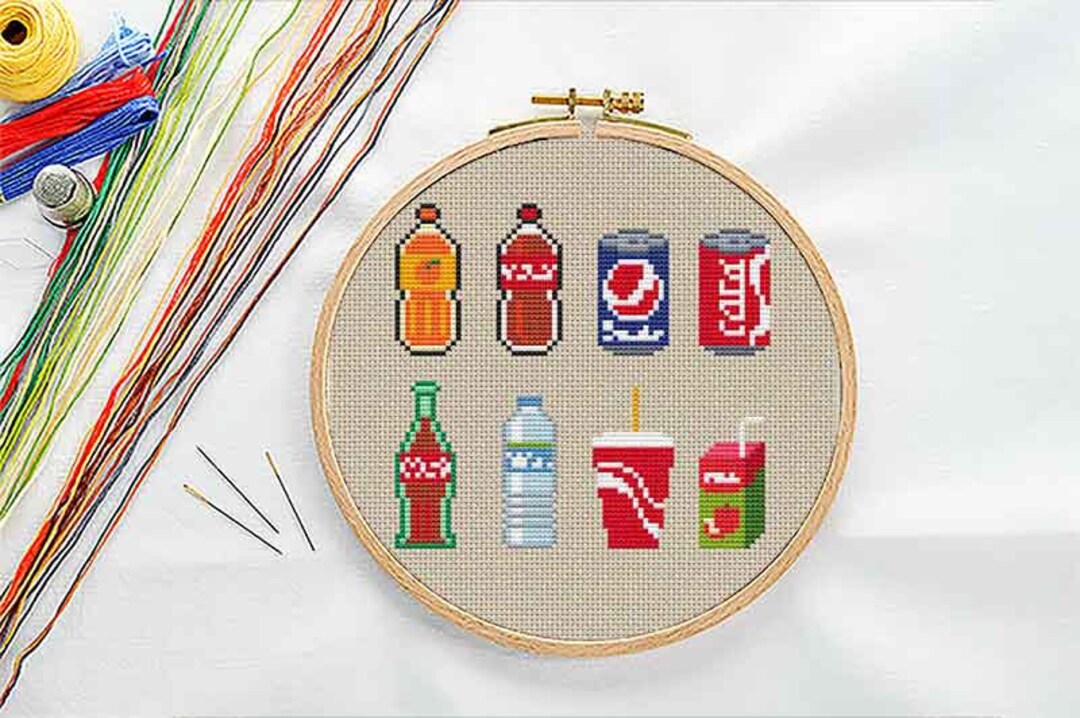 PATTERN : Mini Soft Drinks Cross Stitch Pattern, Modern Cross Stitch ...