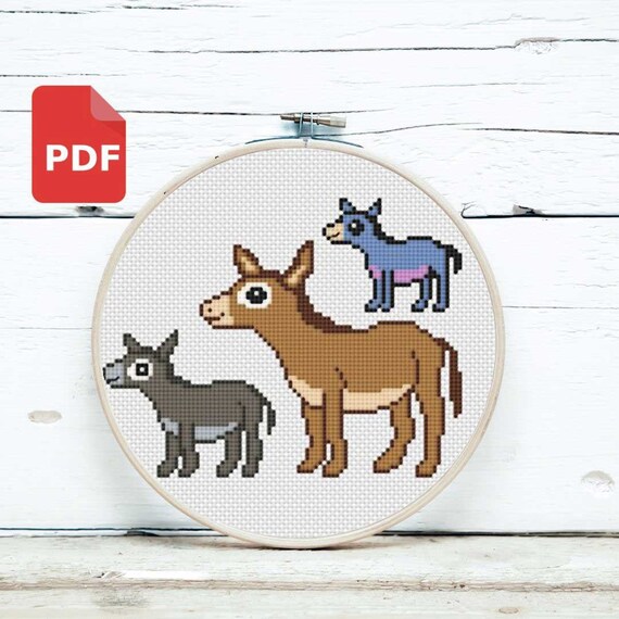Donkey Cross Stitch Pattern Set of 3 Sizes Animal Cross | Etsy