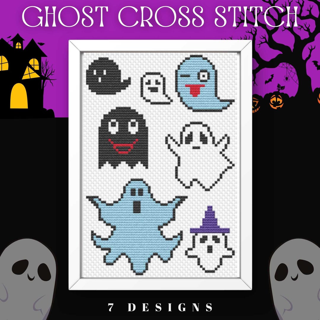 Halloween Ghost Cross Stitch Patterns: Set of 7 Spooky Embroidery (PDF ...