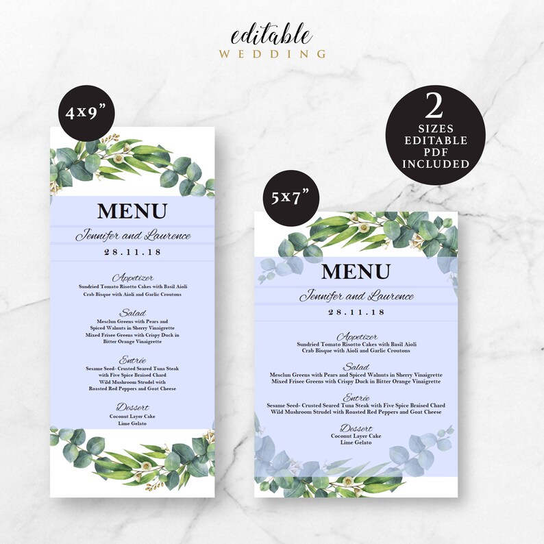 Green Leaves Menu Template 4x9 5x7 Instant Download - Etsy