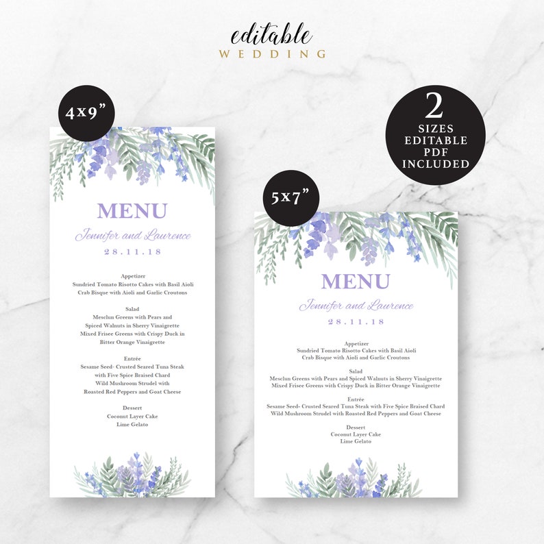 Watercolour Lavender Menu Template 4x9 5x7 Instant Download | Etsy