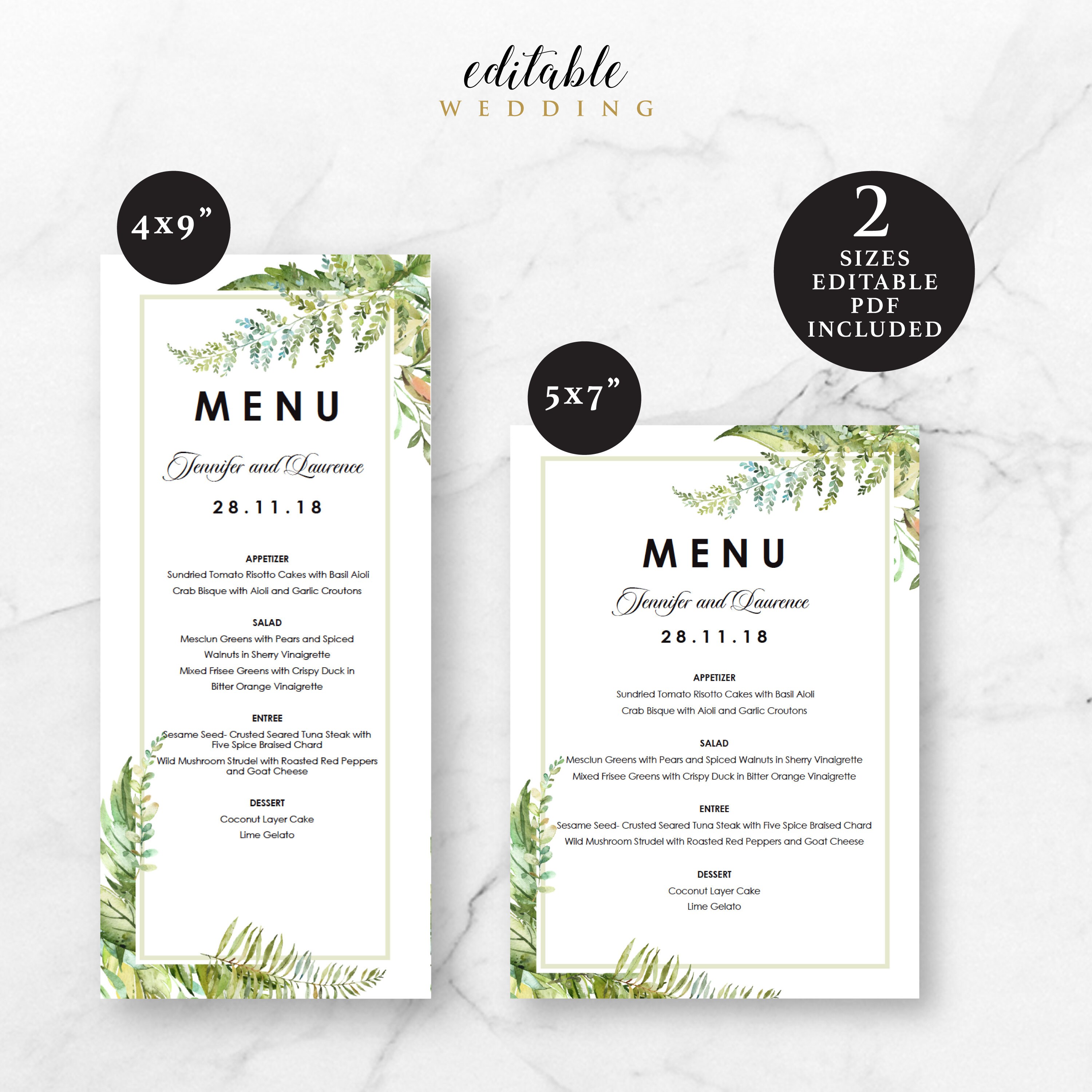 Green Leaves Menu Template 4x9 5x7 Instant Download - Etsy UK