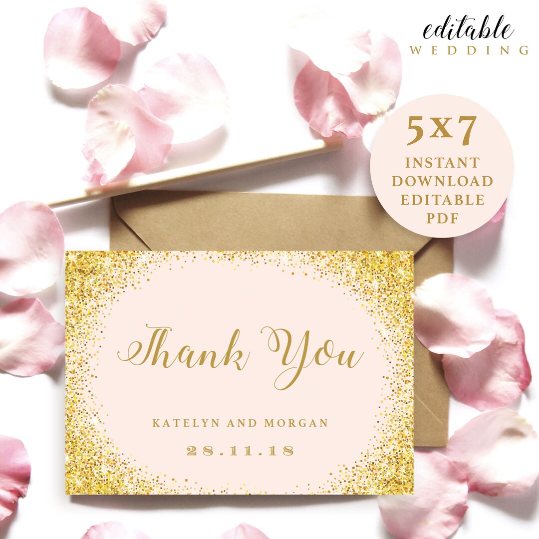 Pink and Gold Sparkling, Thank You Card Template, Folded Thank You Card ...