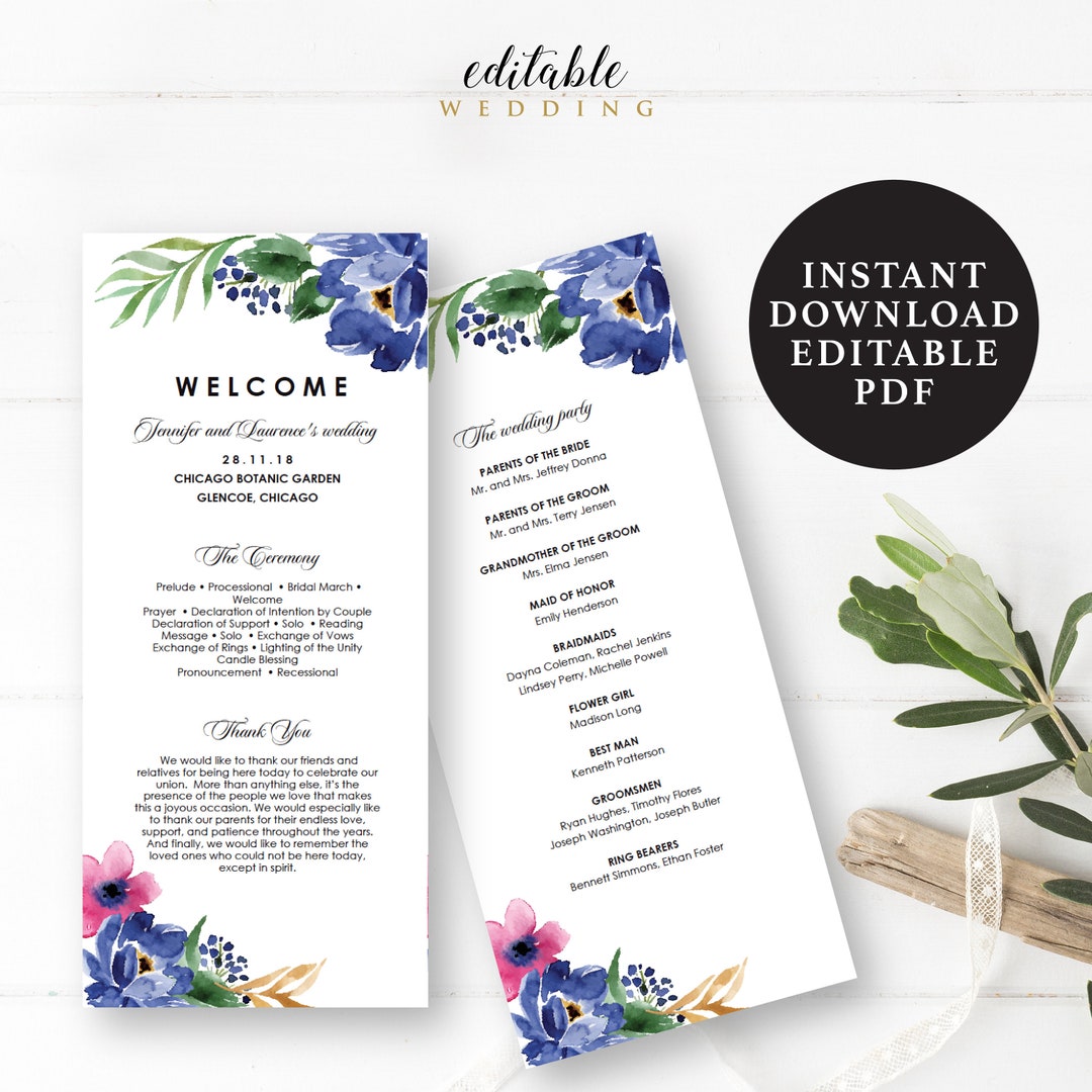 Blue Flower Wedding Program Template, 4x9, Instant Download Printable ...