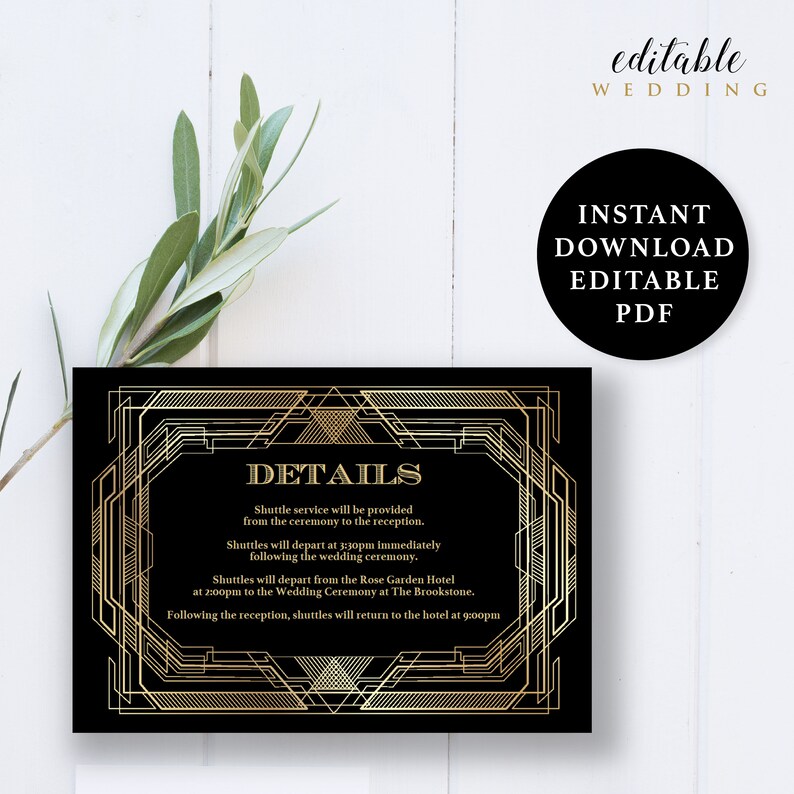 Great Gatsby Details Card, Details Card Template, 5x3.5, Wedding ...