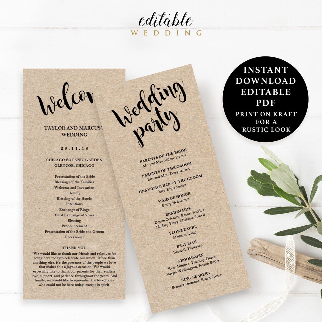 Wedding Program Template, 4x9, Instant Download Printable, Editable PDF ...