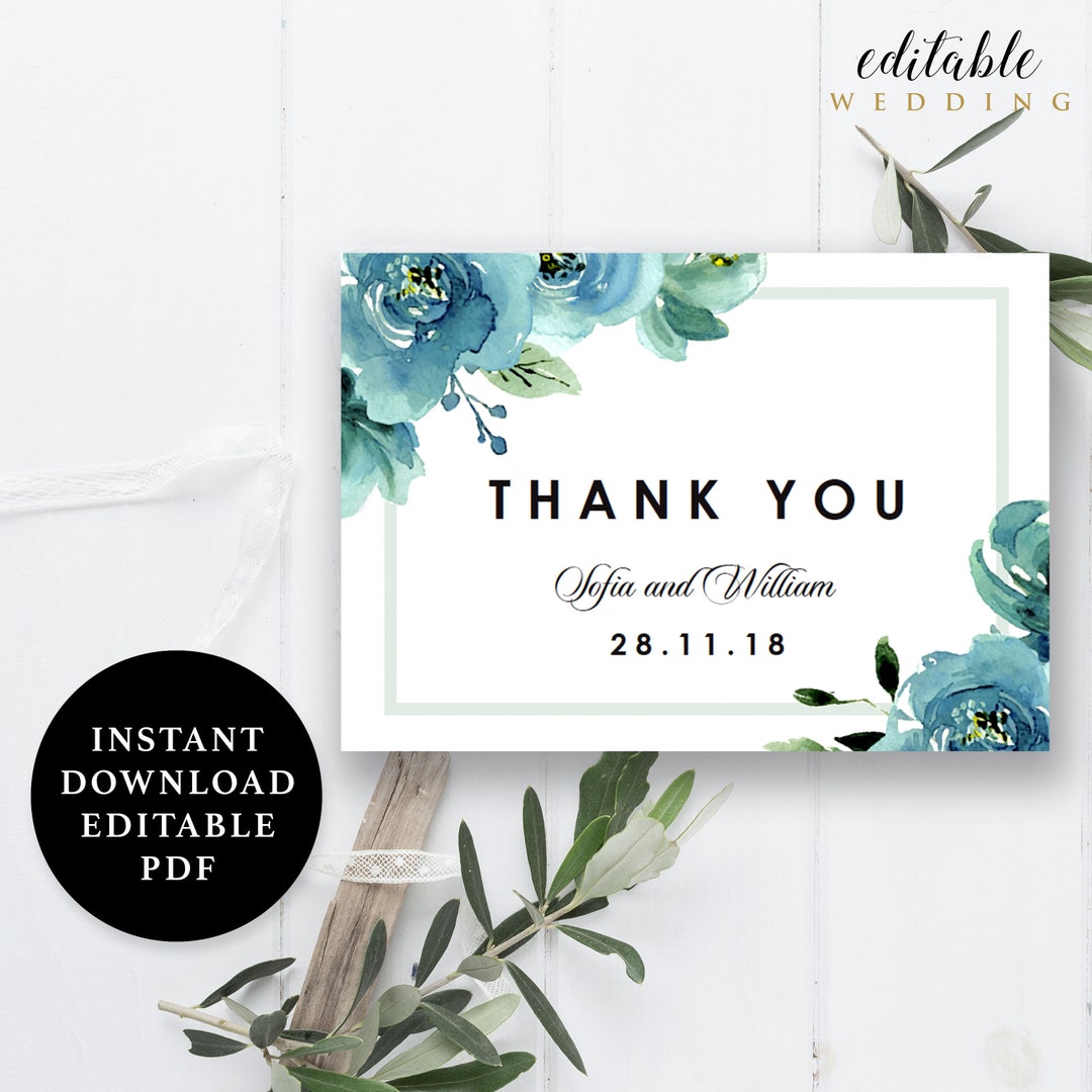 Blue Watercolor Flower Thank You Card Template Folded Thank - Etsy