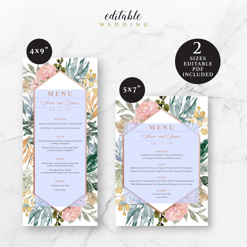 Watercolor Flower Menu Template 4x9 5x7 Instant Download - Etsy
