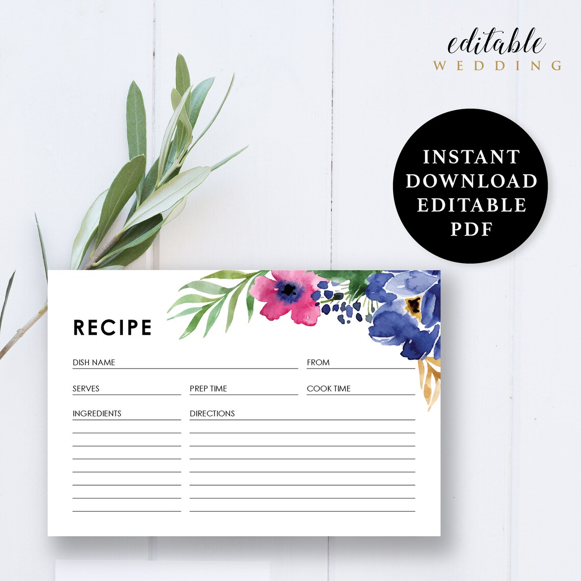 Flower Recipe Cards Printable, Printable Recipe Card, Bridal Shower ...