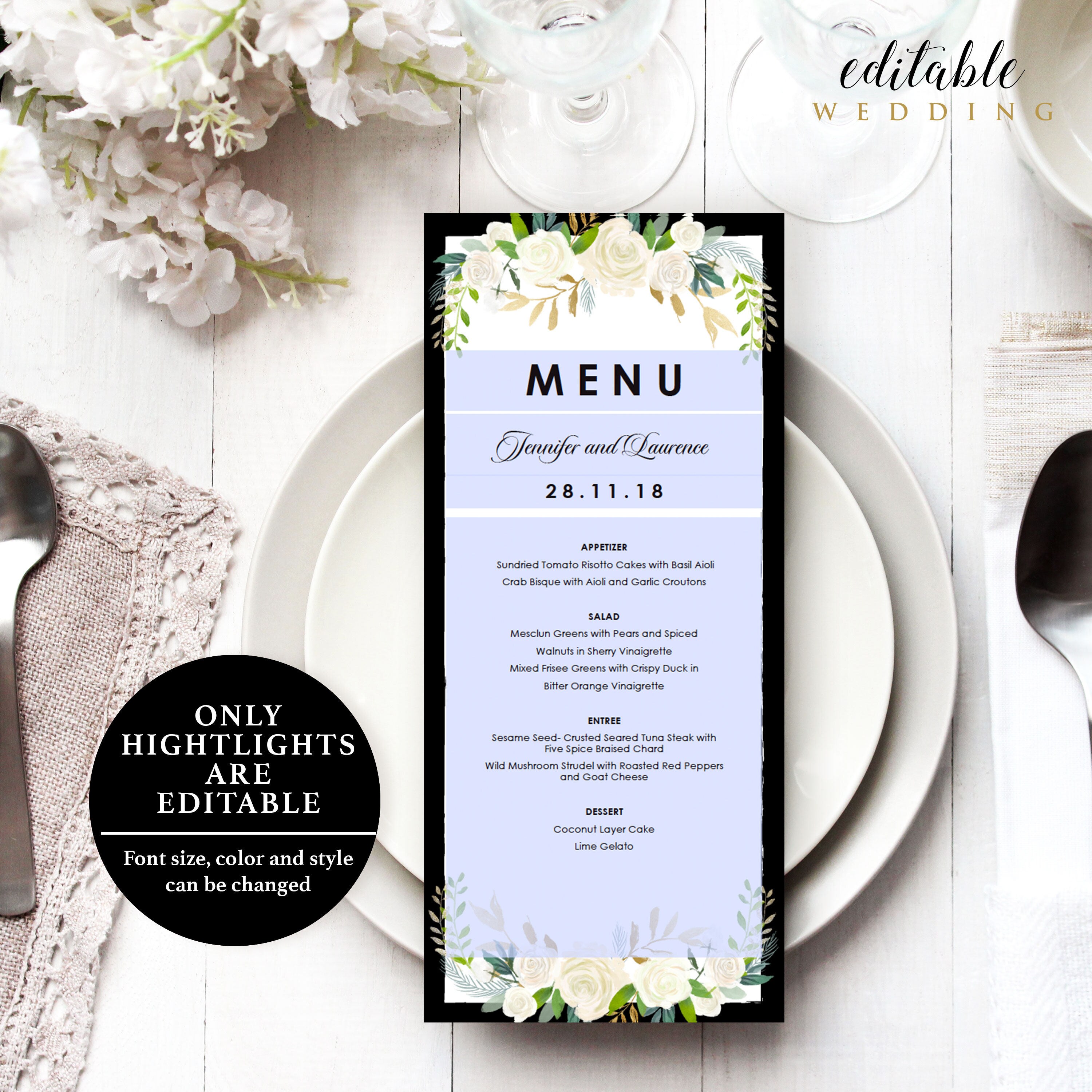 Watercolour Flower Menu Template 4x9 5x7 Instant Download - Etsy UK