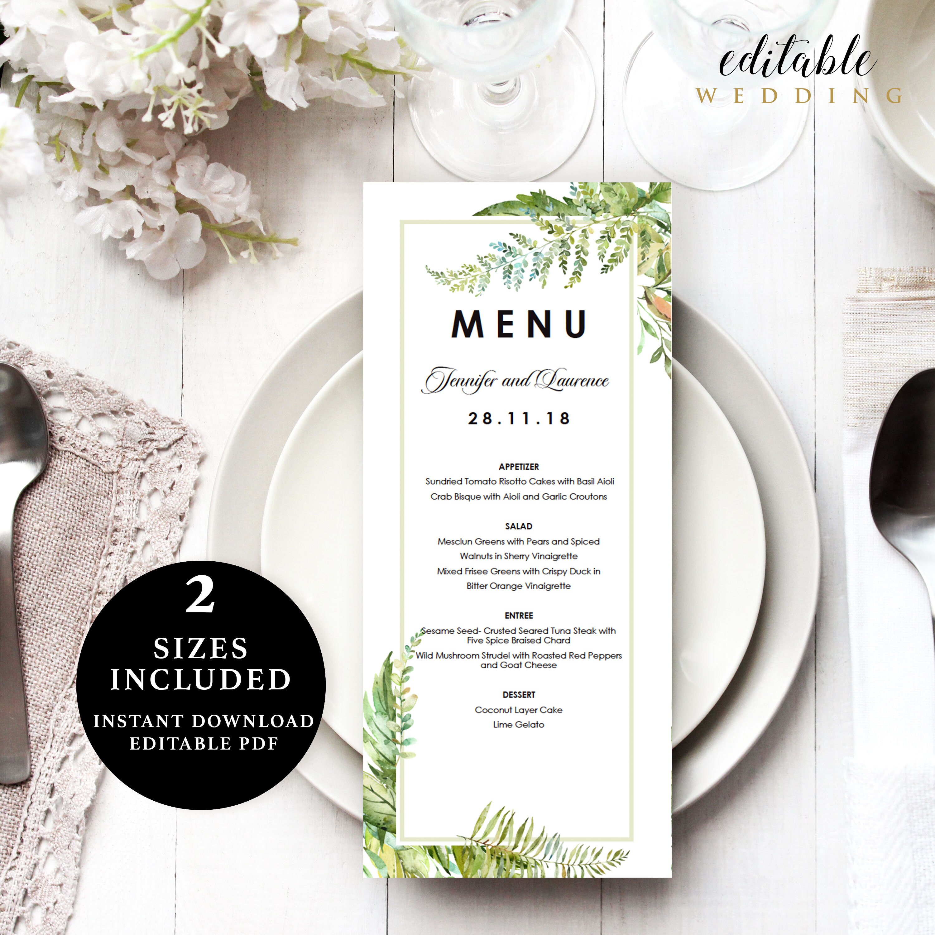 Green Leaves Menu Template, 4x9, 5x7, Instant Download Printable ...