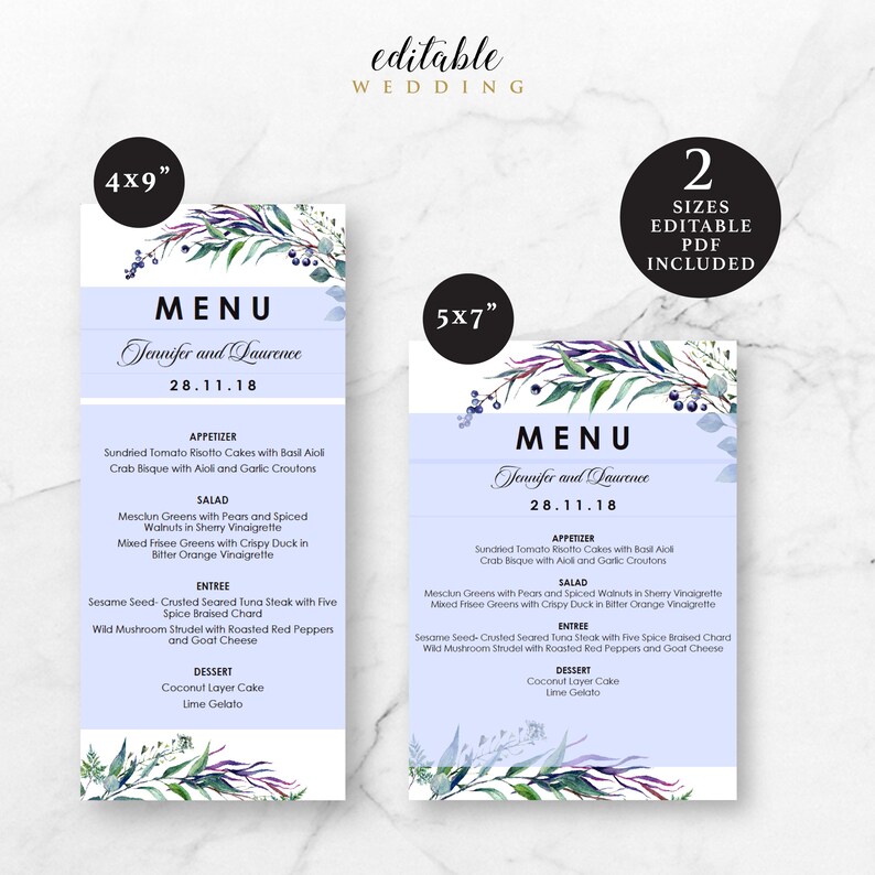 Green Leaves Menu Template 4x9 5x7 Instant Download - Etsy