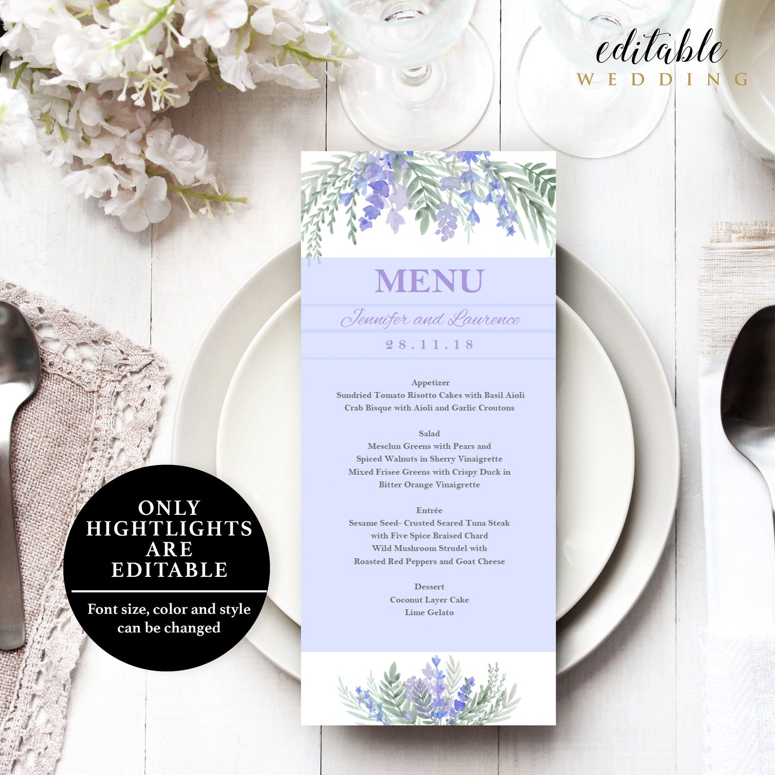 Watercolour Lavender Menu Template 4x9 5x7 Instant Download | Etsy