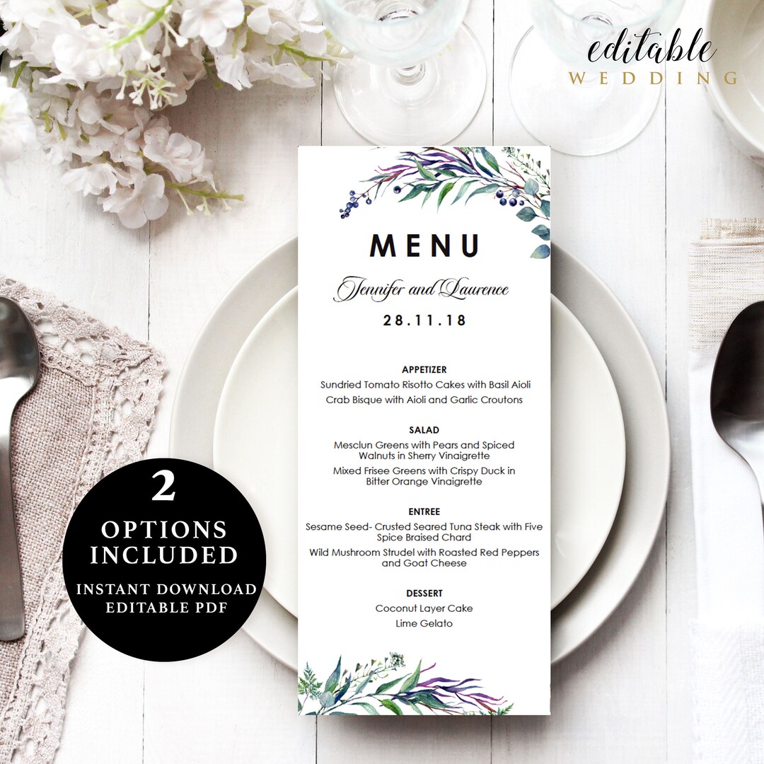 Green Leaves Menu Template, 4x9, 5x7, Instant Download Printable ...