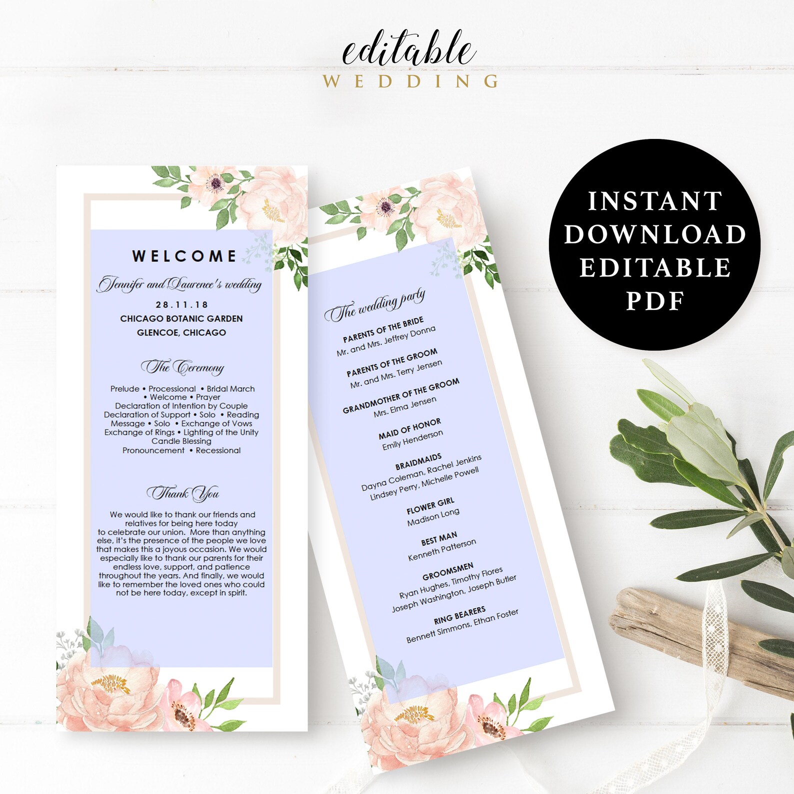 Flower Wedding Program Template 4x9 Instant Download - Etsy