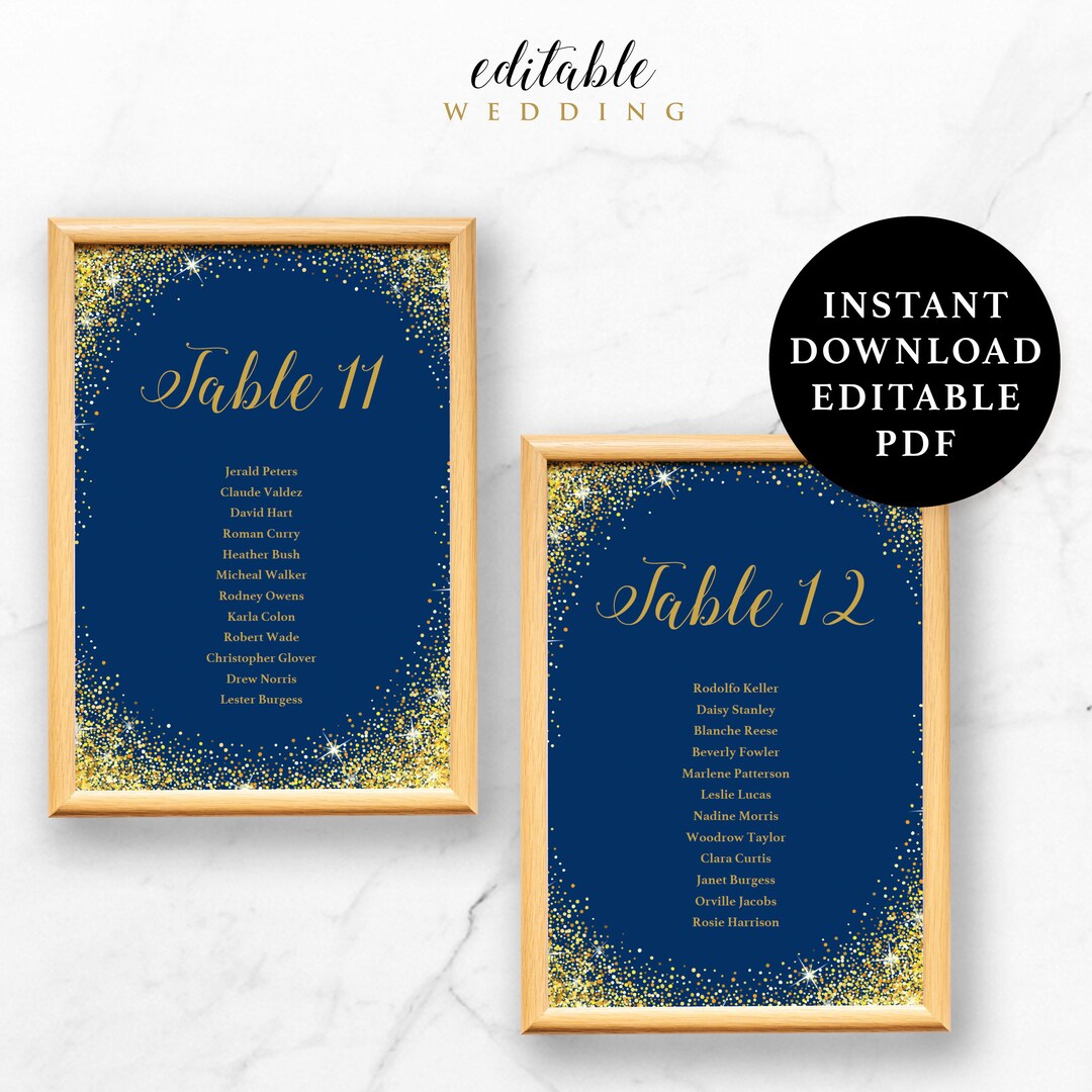 Navy Blue and Gold Sparkling Seating Chart Template, Wedding Seating ...
