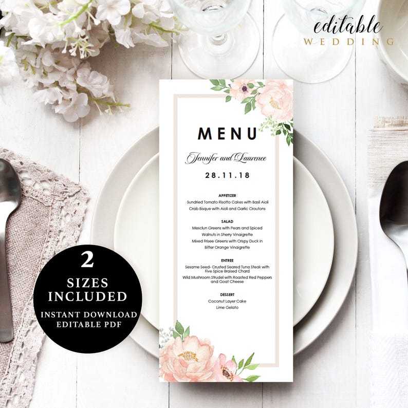 Watercolour Flower Menu Template 4x9 5x7 Instant Download - Etsy