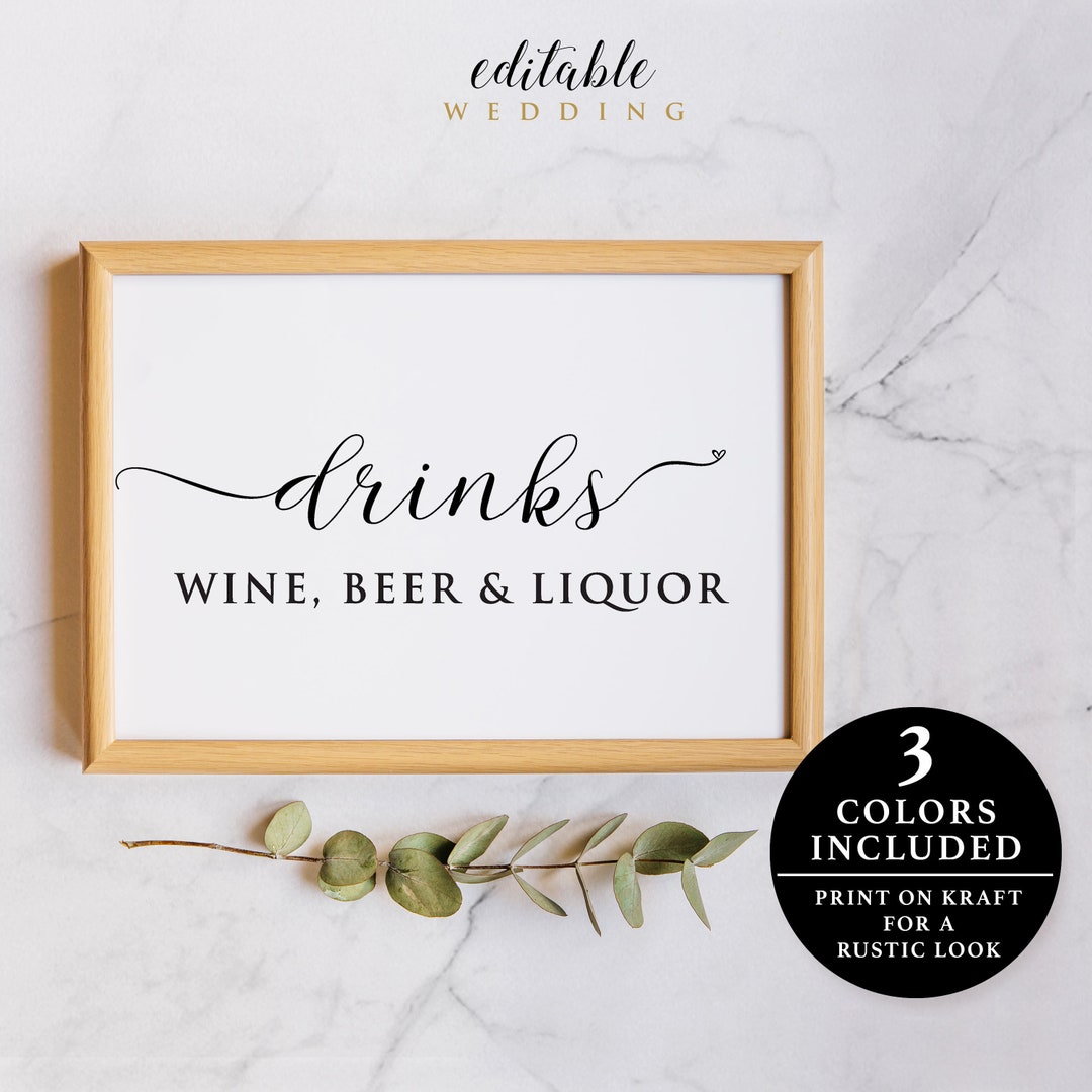 Drinks Wine, Beer & Liquor Sign, Printable Wedding Sign, Wedding Decor ...