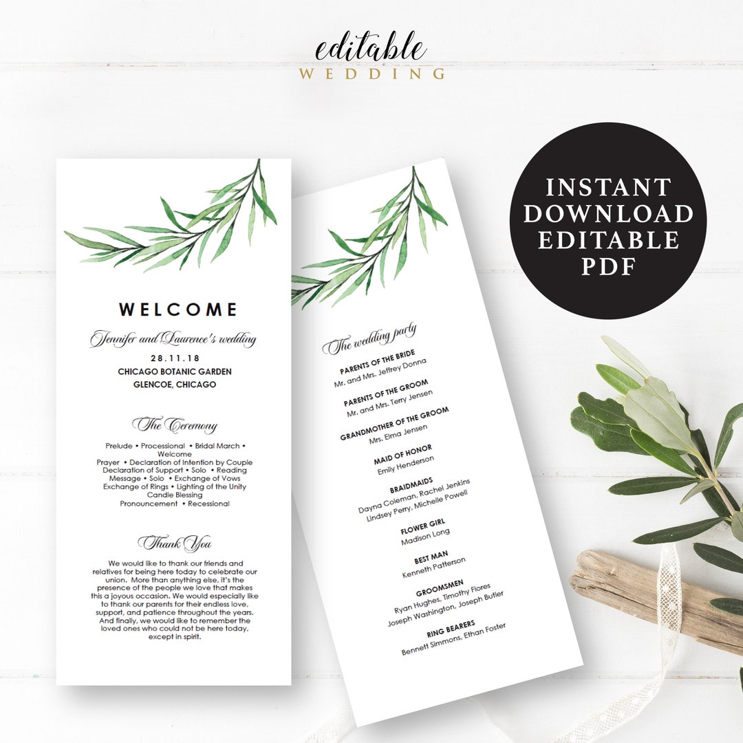 Green Leaves Wedding Program Template 4x9 Instant Download - Etsy