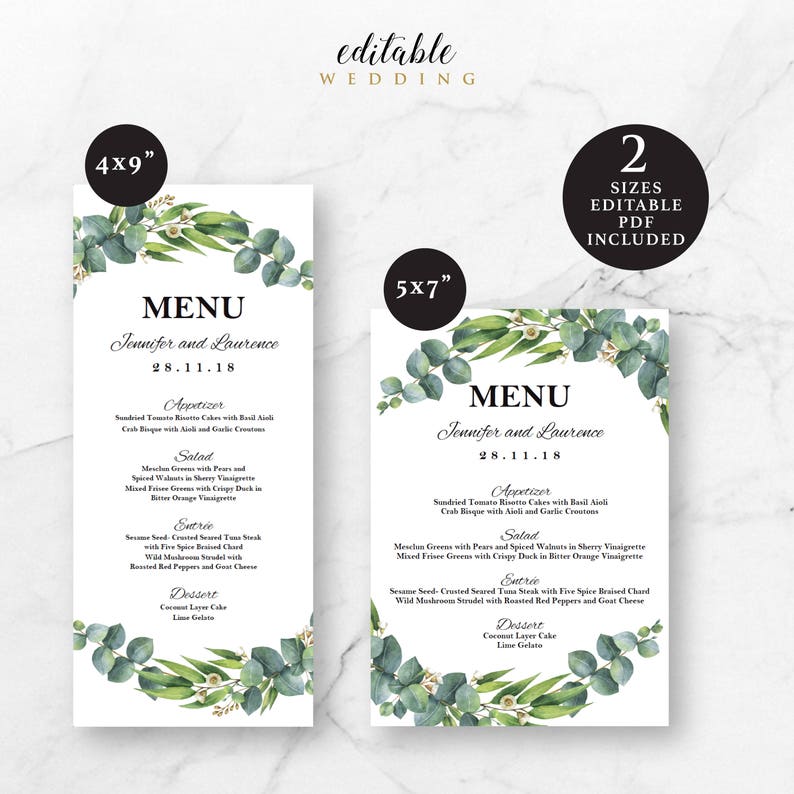 Green Leaves Menu Template 4x9 5x7 Instant Download - Etsy