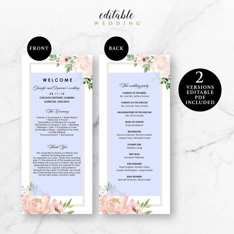 Flower Wedding Program Template 4x9 Instant Download - Etsy