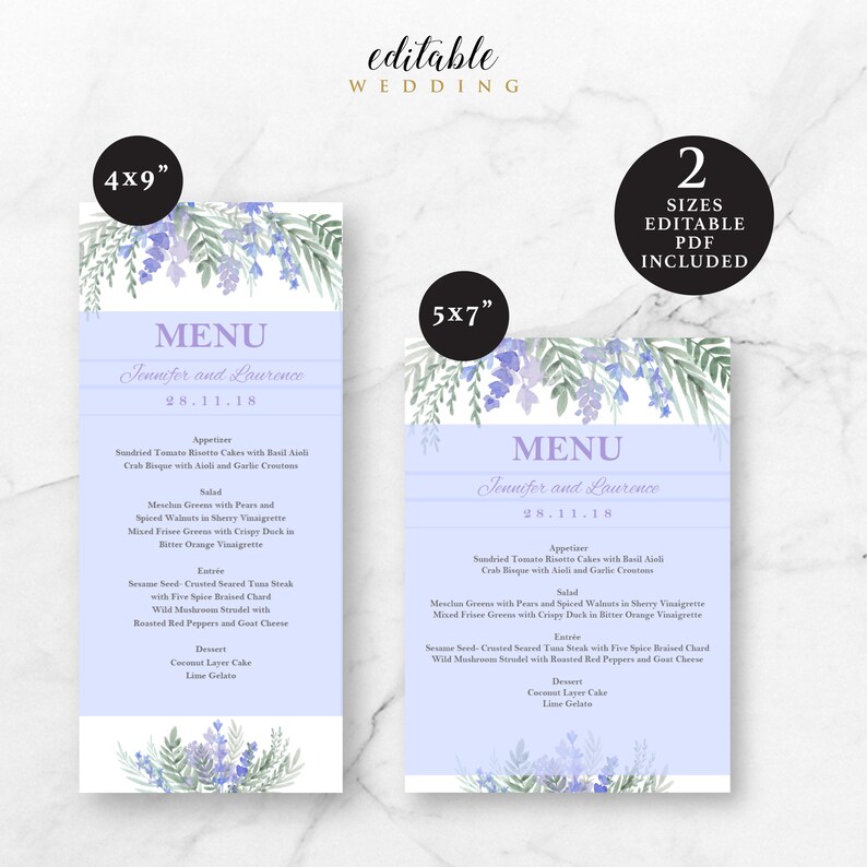 Watercolour Lavender Menu Template 4x9 5x7 Instant Download | Etsy