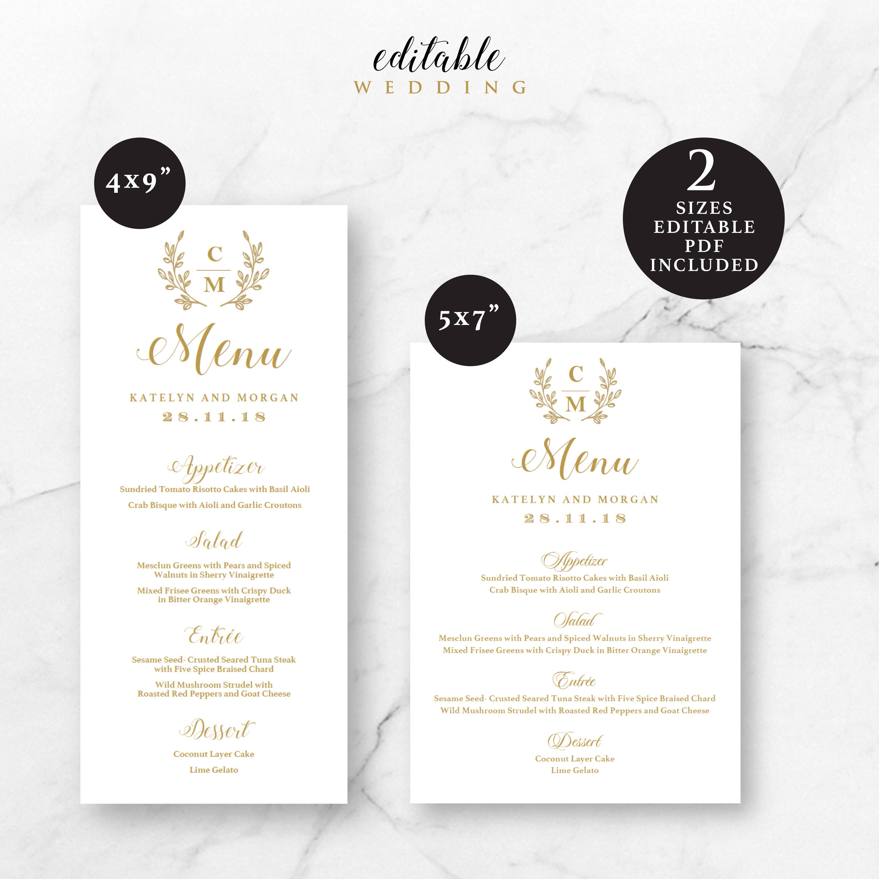 Monogram Menu Template 4x9 5x7 Instant Download Printable - Etsy