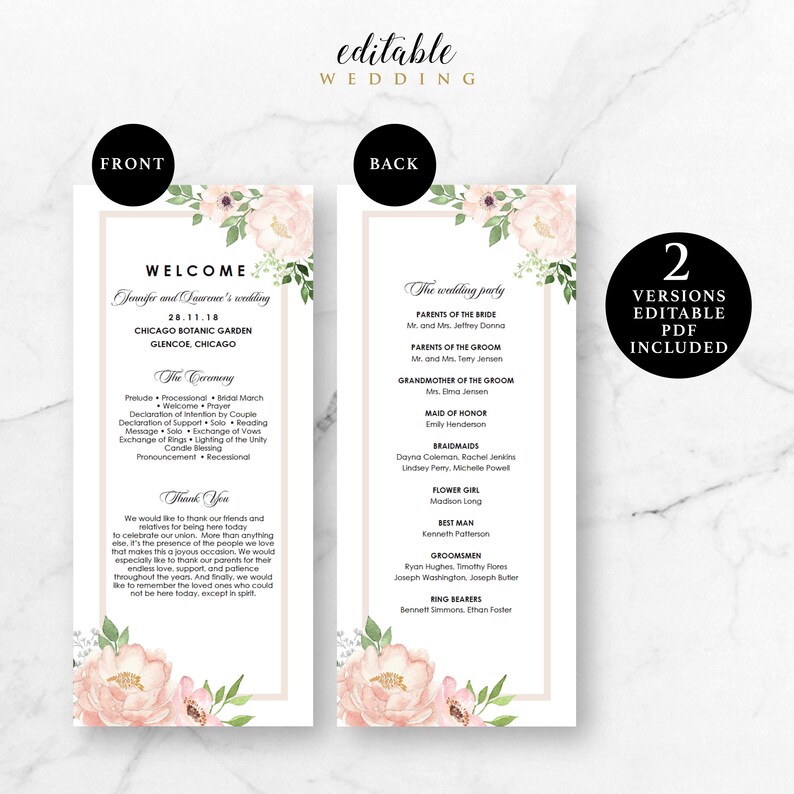 Flower Wedding Program Template 4x9 Instant Download - Etsy