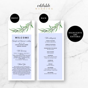 Green Leaves Wedding Program Template 4x9 Instant Download | Etsy