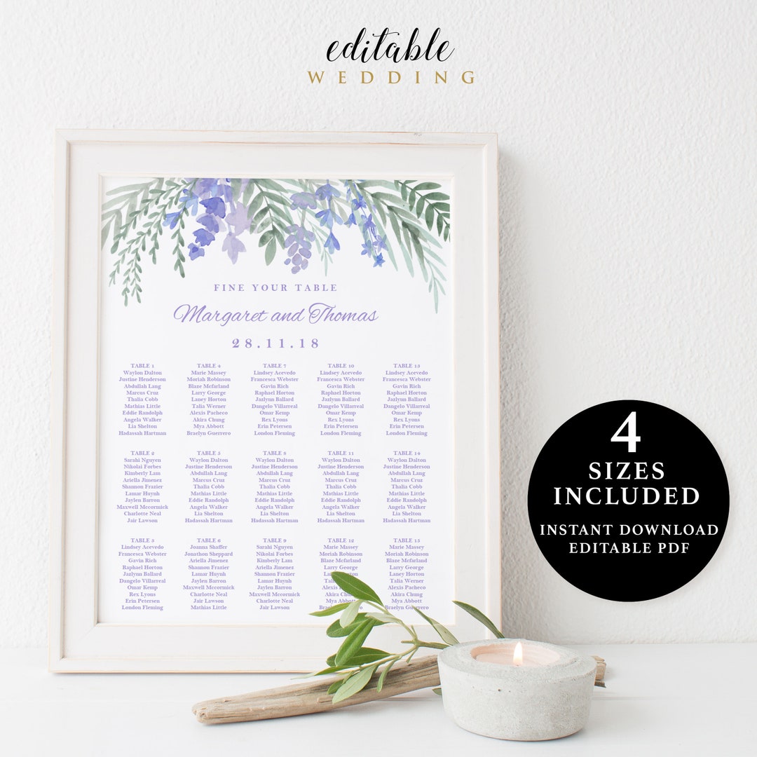 Lavender Seating Chart Template, 16x20, 18x24, 20x30, 24x36, Instant ...